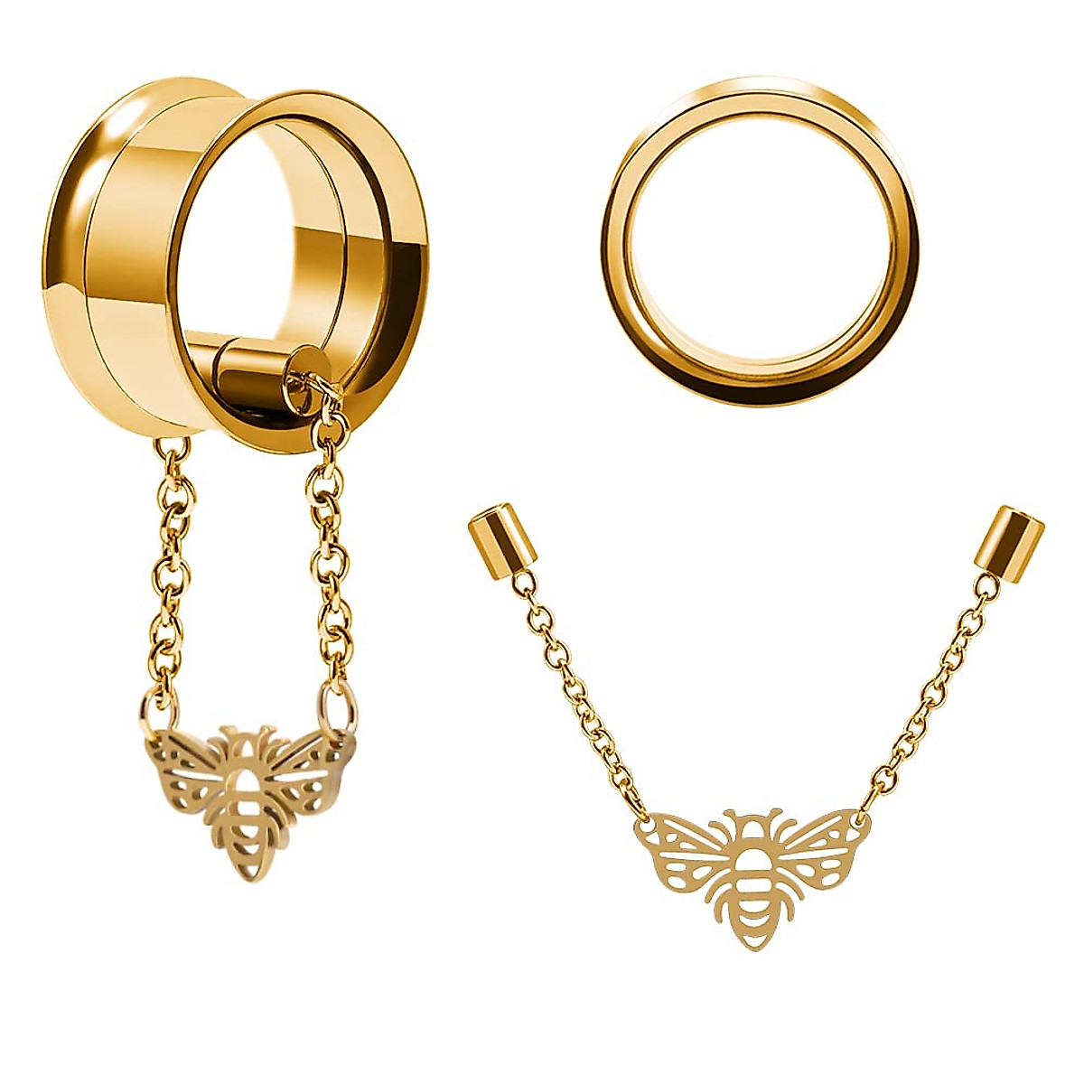 POBAISITER 2PCS Stainless Steel Ear Gauges Tunnels Hollow Spider Bee Bat Chain Screw Fit For Men Women 6mm-25mm