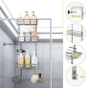 Fogein Over the Door Shower Caddy, Adjustable Hanging Organizer Shelf Rustproof, Shower Basket with Suction Cup, Bathroom Shower Caddy Over The Door with Hook & Soap Box, No Drilling(3 Tier, Silver)