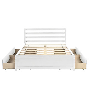 Bellemave Full Bed with 4 Drawers and Headboard Wood Platform Beds with Storage and Slat Support for Kids Boys Girls Teens, White