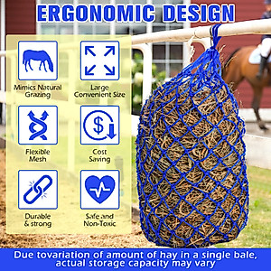 Nuenen 4 Pcs Slow Feed Hay Bag 40 Inch Hay Nets for Horses Hanging Hay Feeder for Goats 2 x 2 Inch Mesh Holes Horse Hay Bag Horse Feeding Supplies for Trailer and Stall, Simulates Grazing (Blue)