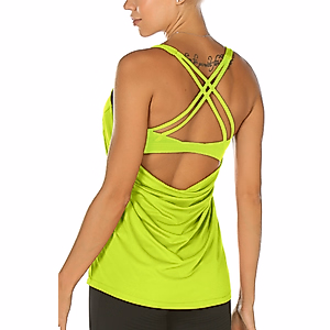 icyzone Workout Tank Tops Built in Bra - Women's Strappy Athletic Yoga Tops, Exercise Running Gym Shirts (Neon Yellow, XL)