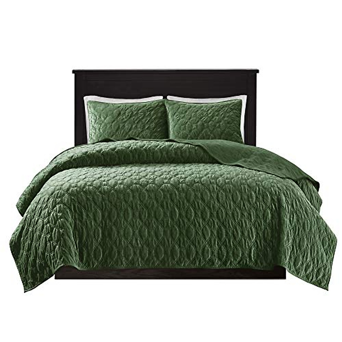 Madison Park Harper Quilt Set Velvet Casual Geometric Stitching Design All Season, Lightweight Coverlet, Cozy Bedding, Matching Shams, Full/Queen(90"x90"), Green 3 Piece