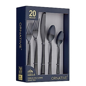 ORNATIVE - Iola Flatware Set with Service for 4, Set Includes Knives, Forks & Spoons for Home, Kitchen & Restaurant, 18/0 Stainless Steel Material & Dishwasher Safe - 20 Pieces, Matte Black