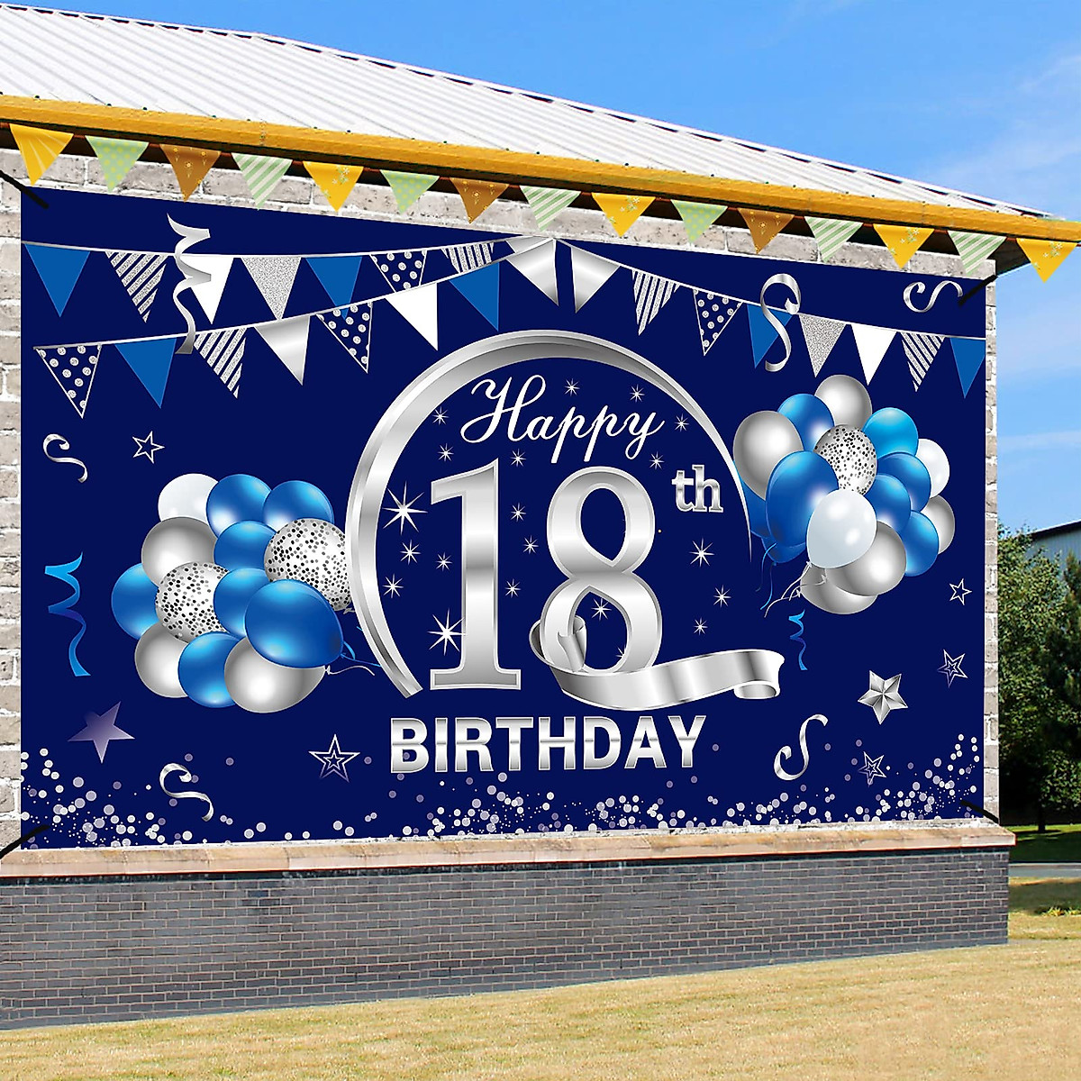 Blue Silver 18th Birthday Banner Decorations for Men Boy - Happy 18 Birthday Backdrop Party Supplies - Eighteen Birthday Poster Photo Props Background Sign