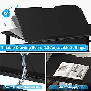 Tribesigns Modern Drafting Desk Drawing Table with Storage Shelf, 55 inch Large Computer Desk Writing Desk Craft Workstation with Tiltable Tabletop for Artist, Home Office (Black)