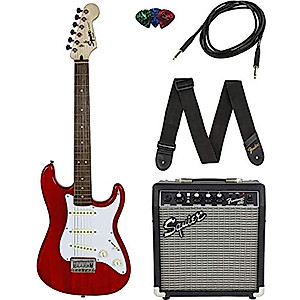 Squier by Fender Short Scale Stratocaster Pack with Frontman 10G Amp, Cable, Strap, and Picks - Red