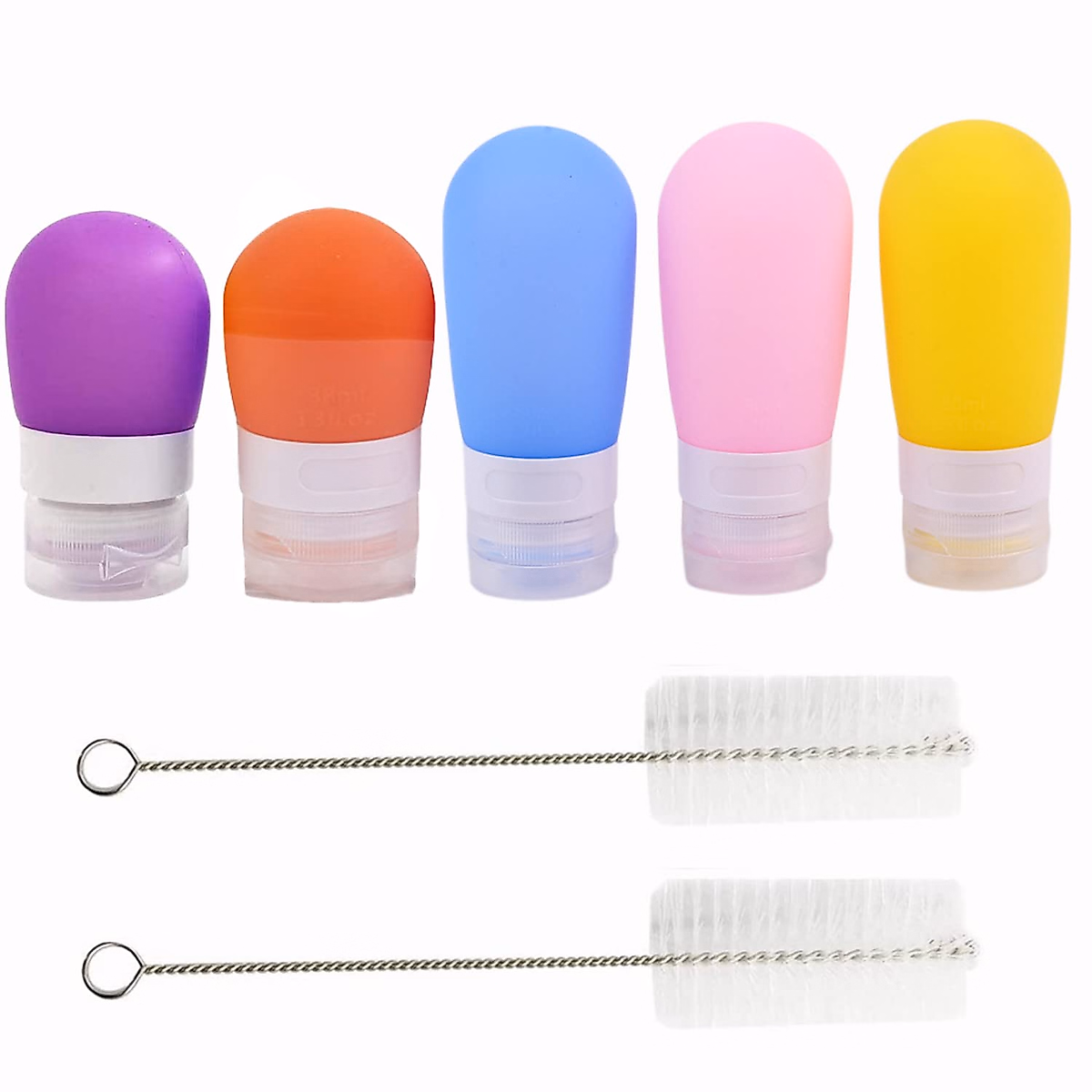 Accfore 5 Pack Squeeze Salad Dressing Bottles, 1.3oz and 2 oz. Portable Sauce Containers, Leak Proof Food Storage Condiment Bottles, Comes with 2 pcs Cleaning Brushes - 5 Colors