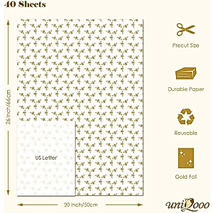 UNIQOOO 40 Sheets Metallic Gold Foil Honey Bee Gift Wrapping Tissue Paper Bulk, Large 20X26 Inch, For Wedding Birthday Baby Shower Party Favor Decor, Gift Bags Box Packaging, DIY Craft Bedding Shred Paper Filler