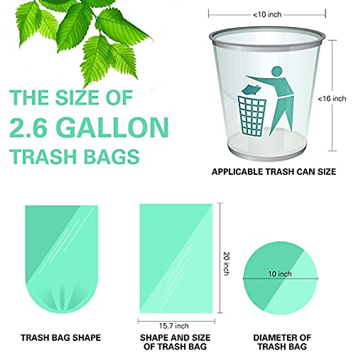 Small Trash Bags Kitchen Garbage Bags - 2.6 Gallon Clear Trash Bags Strong Wastebasket Liners for Bathroom, Kitchen, Office 10 Liter Trash Can Liners - 150 Counts
