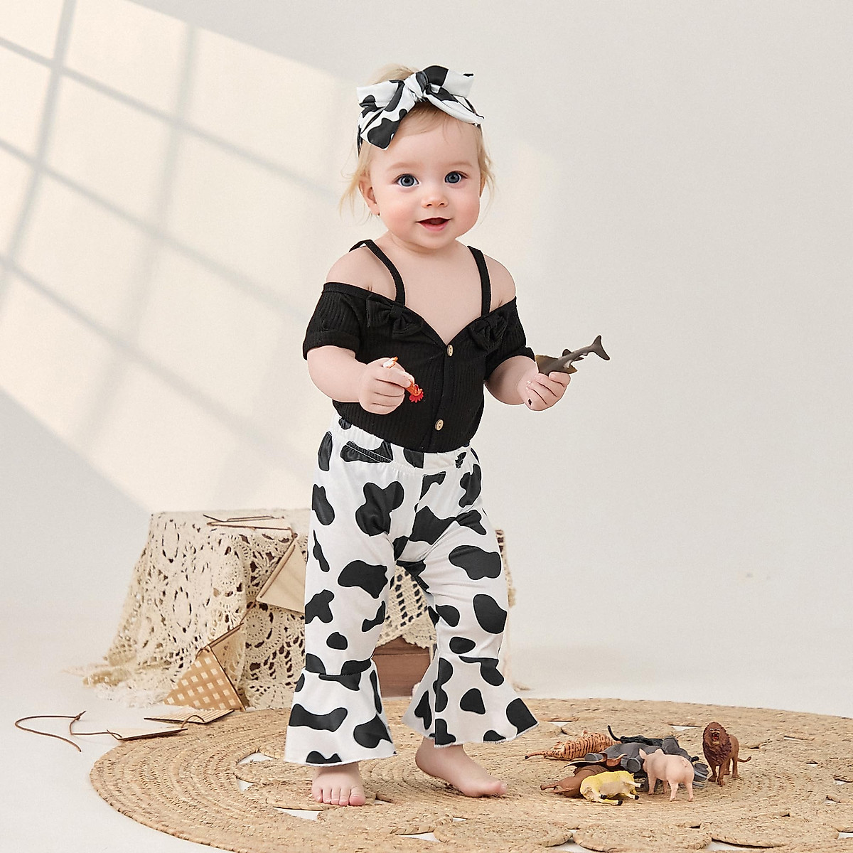 Lefyira Cow Print Bell Bottoms Baby Girl Off Shoulder Short Sleeve Romper Rib Knit Button Bodysuit Flare Pants Headband Outfit (Black, 18-24 Months)