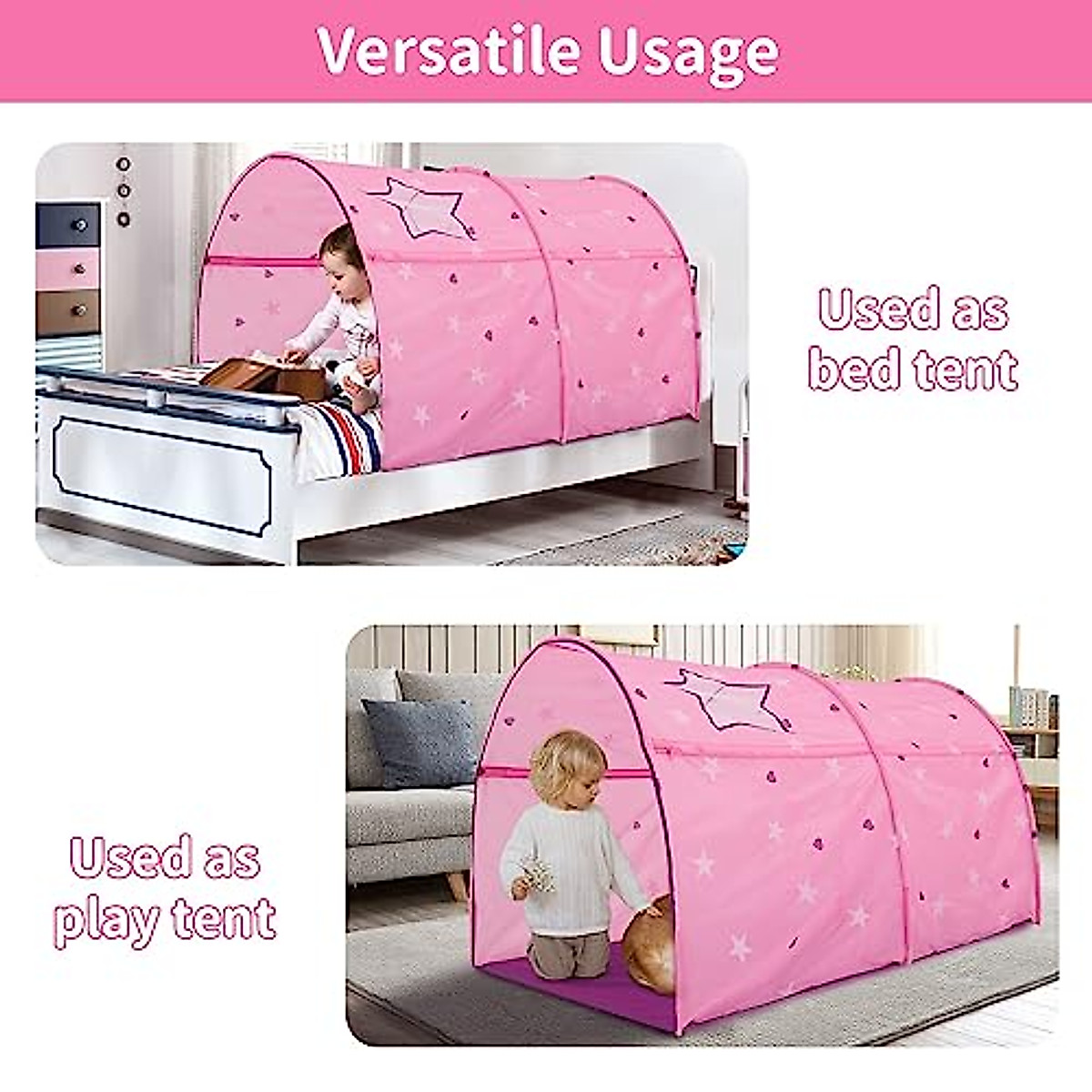 Alvantor Starlight Bed Canopy - Dream Kids Play Tent Playhouse - Privacy Space for Twin Sleeping - Indoor Grow in The Dark Stars - Boys Girls Toddlers - Pop Up Portable Frame - Pink - Patent