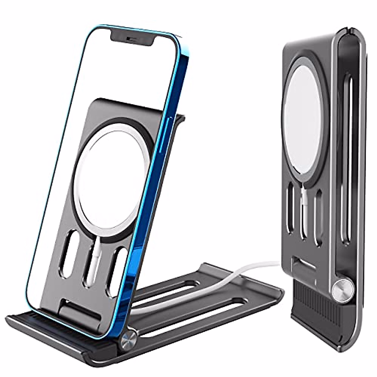 HALLEAST Compatible with for Magsafe Charger Stand, Adjustable Foldable Desktop Aluminum Metal Holder Compatible with for iPhone 14/13/12 Series, Gray