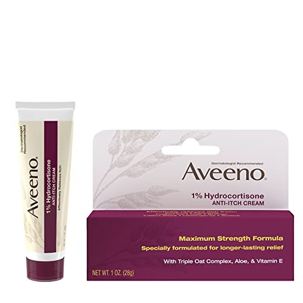 Aveeno Maximum Strength 1% Hydrocortisone Anti-Itch Cream, Triple Oat, Aloe & Vitamin E for Itch Relief from Eczema, Psoriasis, Insect Bites, Poison Ivy, Oak & Sumac & Detergents, 1 oz