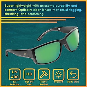 Flying Fisherman Baleen Wrap Around Polarized Sunglasses, Matte Black Frame/Amber-Green Mirror Lens, Medium