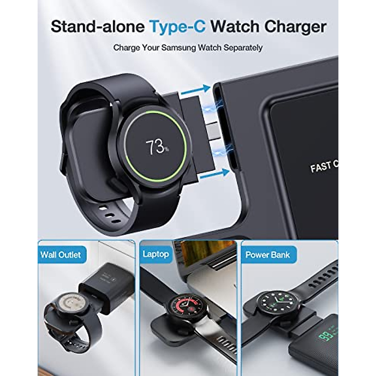 Samsung Wireless Charger, Metmoon 3 in 1 Samsung Charging Station for Galaxy S23 S22 S21 S20 Ultra FE/Note 20 10 9/Z Flip Fold Series, Galaxy Watch 5 Pro/5/4/3/Active 2/1, Buds+/Pro/Live(With Adapter)