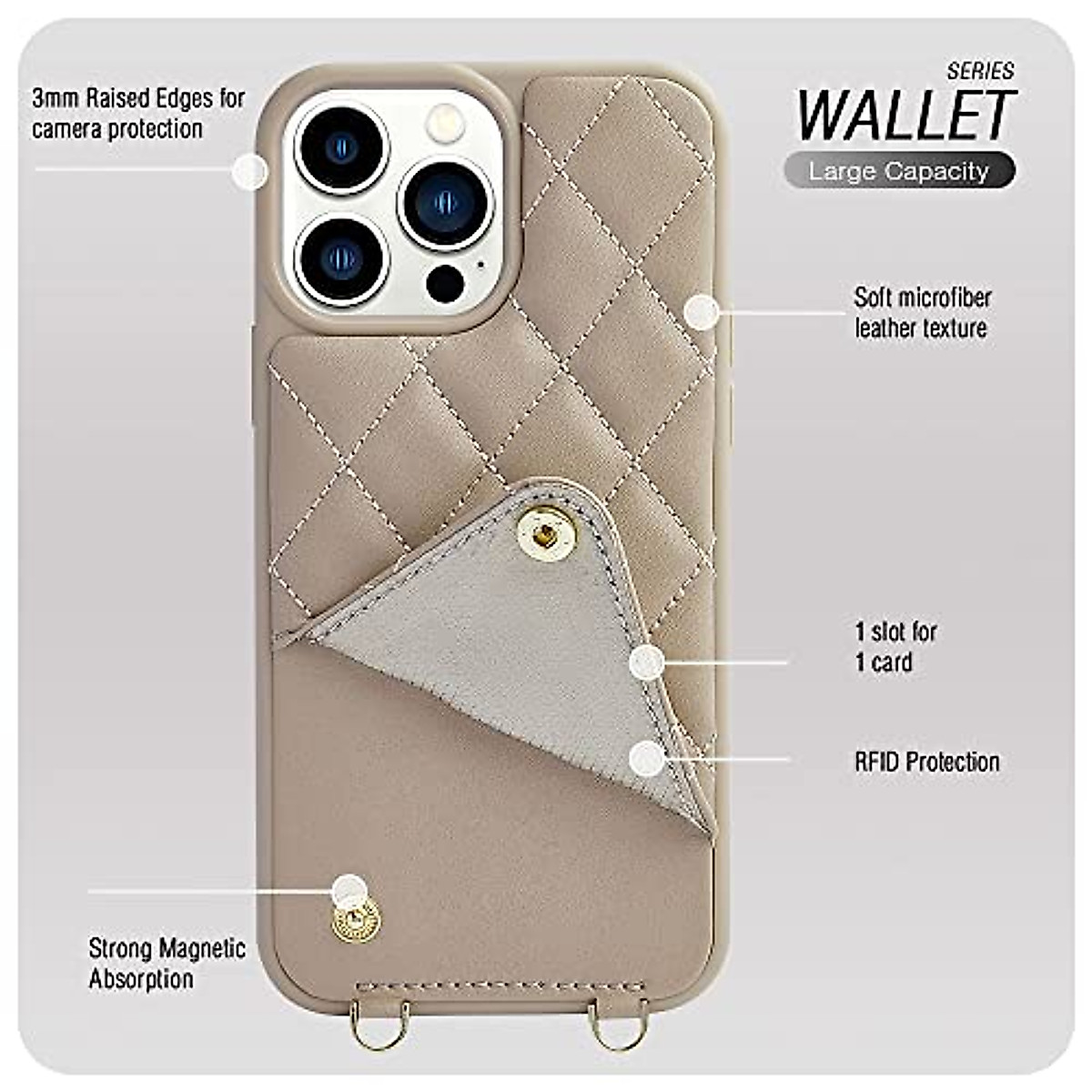 ROMIELA Series iPhone 14 Pro Max Crossbody Case with Card Holder Chain Strap Wallet, Quilted Leather Purse RFID Blocking Lanyard Women Protective for Apple iPhone 14 Pro Max, 6.7 inch - Apricot