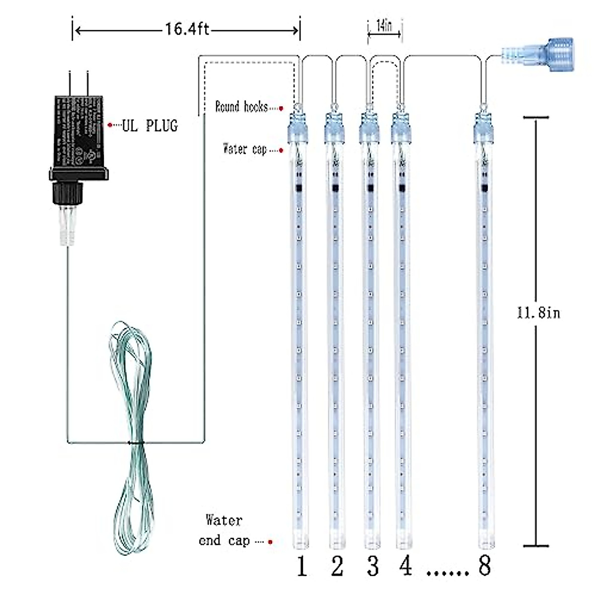 Kwaiffeo Christmas Lights Outdoor, Meteor Shower Lights Falling Rain Lights 12 inch 8 Tube 192 LED Snow Falling Icicle Cascading Lights for Xmas Tree Halloween Decoration Wedding Party, UL Plug, White