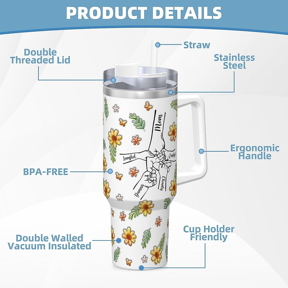 Personalized 40 Oz Stainless Steel Tumbler Best Mom Ever Cup Gift, Custom Name 3D Inflated Effect Travel Mug, Birthday Valentine's Day Coffee Mug for Mom Nana Mothers Day Gifts for Mom,04