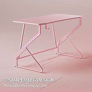 CubiCubi Simple Gaming Desk Z Shaped 40 inch Gamer Workstation, Home Computer Carbon Fiber Surface Gaming Desk PC Table with Headphone Hook, Pink