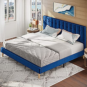 LIKIMIO King Bed Frame and Headboard, Velvet Upholstered King Platform Bed with Sturdy Metal Support/No Box Spring Needed/Noise-Free/Easy Assembly, Royal Blue