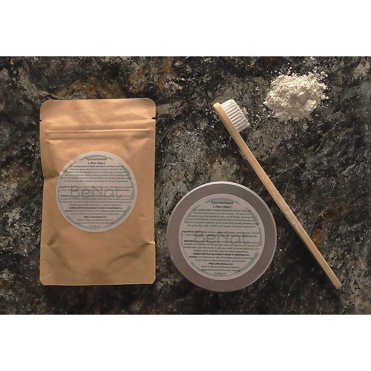 BeNat. Toothpowder Bundle. 3-Pack. Eco-Friendly. All-Natural. (1) Toothpowder in a Reusable Case, (1) Toothpowder Refill, (1) Bamboo Toothbrush.