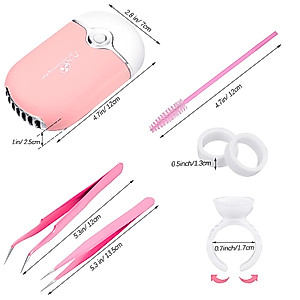 Honoson Eyelash Extension Supplies, USB Air Conditioning Blower, 2 Straight and Curved Tweezers,100 Disposable Mascara, 50 Glue Ring Holder, 2 Tapes, 10 Pairs Under Eye Gel Pads (Pink)