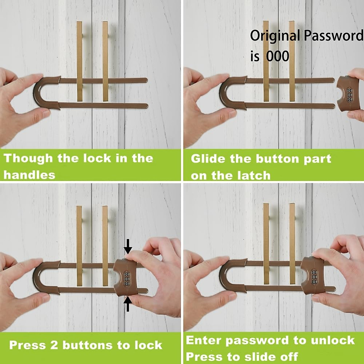 Child Proof Sliding Cabinet Door Code Locks Baby Safety Cupboard Locks Adjustable U Shaped Cabinet Latches for Knob Handle Drawers Closet (4 PCS, Coffee)