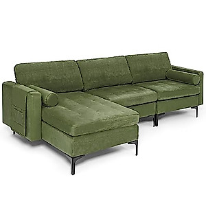 OUDINI L-Shaped Sectional Sofa, Reversible L Shaped Couch, Linen Sectional Couch, W/Reversible Chaise and 2 USB Ports Army for Living Room, Apartment, Small Couches (Green)