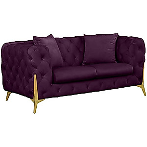 Meridian Furniture Kingdom Collection Velvet Upholstered Loveseat with Deep Button Tufting & Sturdy Gold Metal Legs, Purple