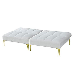 Convertible Couch Bed Futon with Gold Metal Legs, Modern Multi-Functional Convertible Sofa Bed, Teddy Fabric, Small Sectional Sofa, Perfect for Living Room, Bedroom, Office, Apartment (White)
