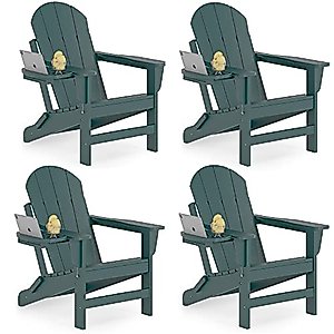 NAVINE Folding Adirondack Chair Set of 4 with Cup Holder Weather Resistant Plastic Fire Pit Chairs, Patio Chairs, Lawn Chair, Ideal for porches, patios, patios, poolsides, Decks.(Dark Green)