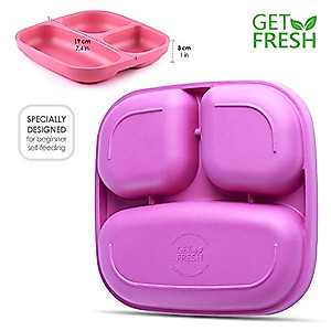GET FRESH Bamboo Kids Divided Plates Set – 2-Pack 3 Compartment Bamboo Childrens Plates for Kids Meals – Reusable Bamboo Toddler Divided Plates Set – Colorful Bamboo Kids Dinnerware Sectioned Plates