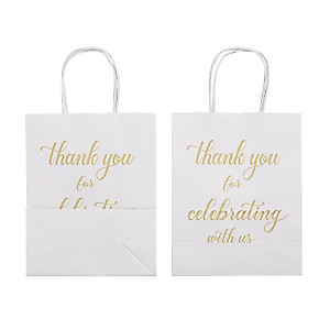 DjinnGlory 50 Pack Medium Sized White Paper Gift Bags with Tissue Paper 10x8x4 Inch, Thank You for Celebrating with Us Bags with Handles for Wedding Welcome Bridal Shower Party Favors Goodies
