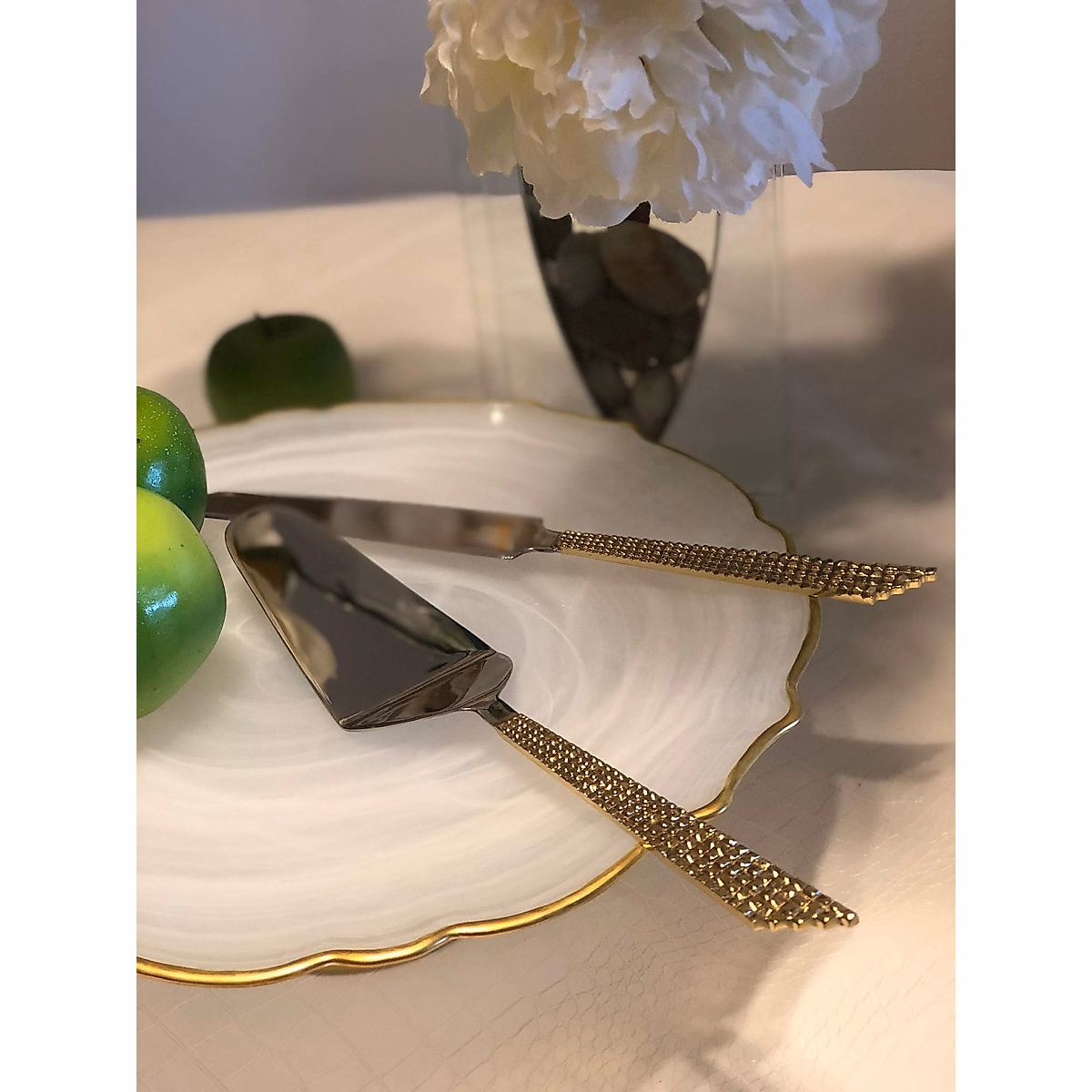 Gold Cake Servers With Mosaic Design - 12"L Cake Knife & Server Set Ideal for Weddings, Party's, Elegant events