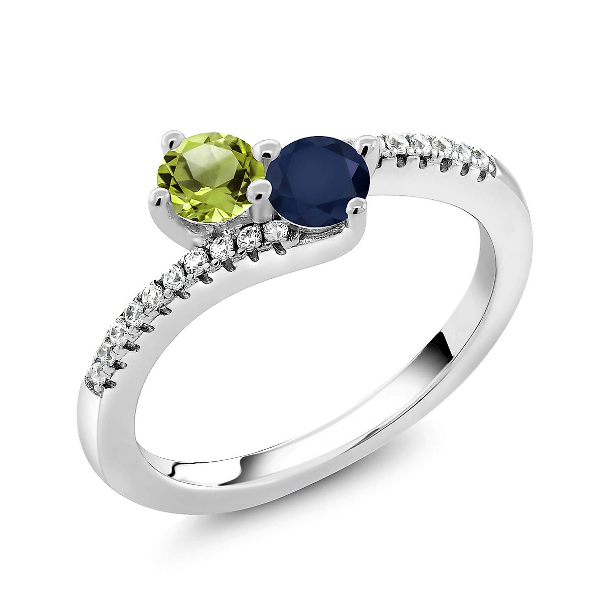 Gem Stone King 925 Sterling Silver Green Peridot and Blue Sapphire Bypass Ring For Women (0.89 Cttw, Gemstone August Birthstone, Round 4MM, Available In Size 5, 6, 7, 8, 9)