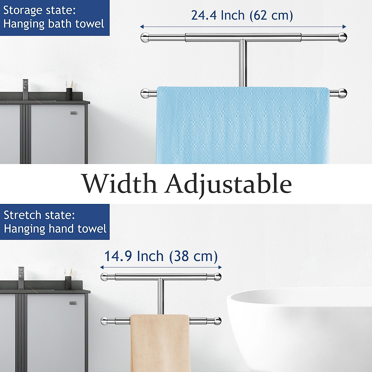 Kayfia 40" Standing Towel Rack with Weighted Marble Base, Width Adjustable & Taller Bathroom Towel Rack Stand, 2-Tier Towel Racks for Bathroom, Multiple Spaces Stainless Steel Brushed Finish