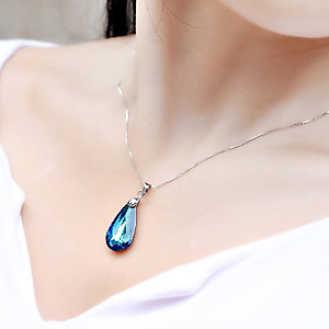 Preserved Blue Rose Box with Crystal Drop Necklace,Real Eternal Rose with S925 Sterling Silver Teardrop Sapphire Necklace,Blue Birthstone Pendant Gift for women on Valentine Anniversary Mothers day.