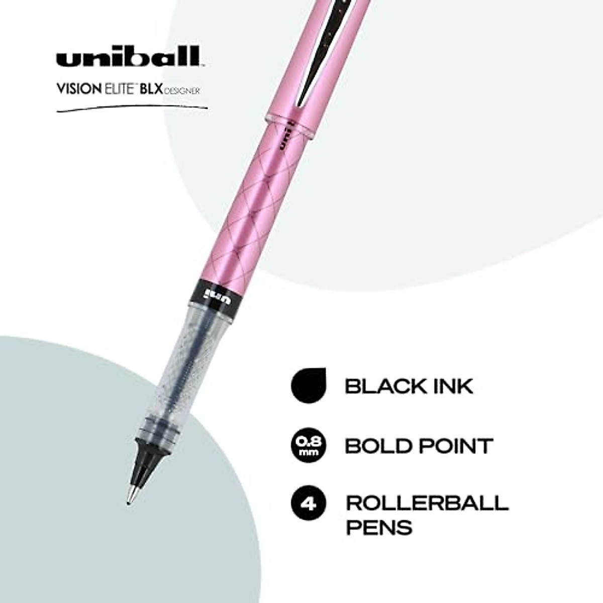 Uniball Vision Elite Rollerball Pens, Black Pens 4-Pack - Stylish Bold Pens with 0.8mm Ink, Ink Black Pen, School Pens, Smooth Writing Pens, School and Office Supplies