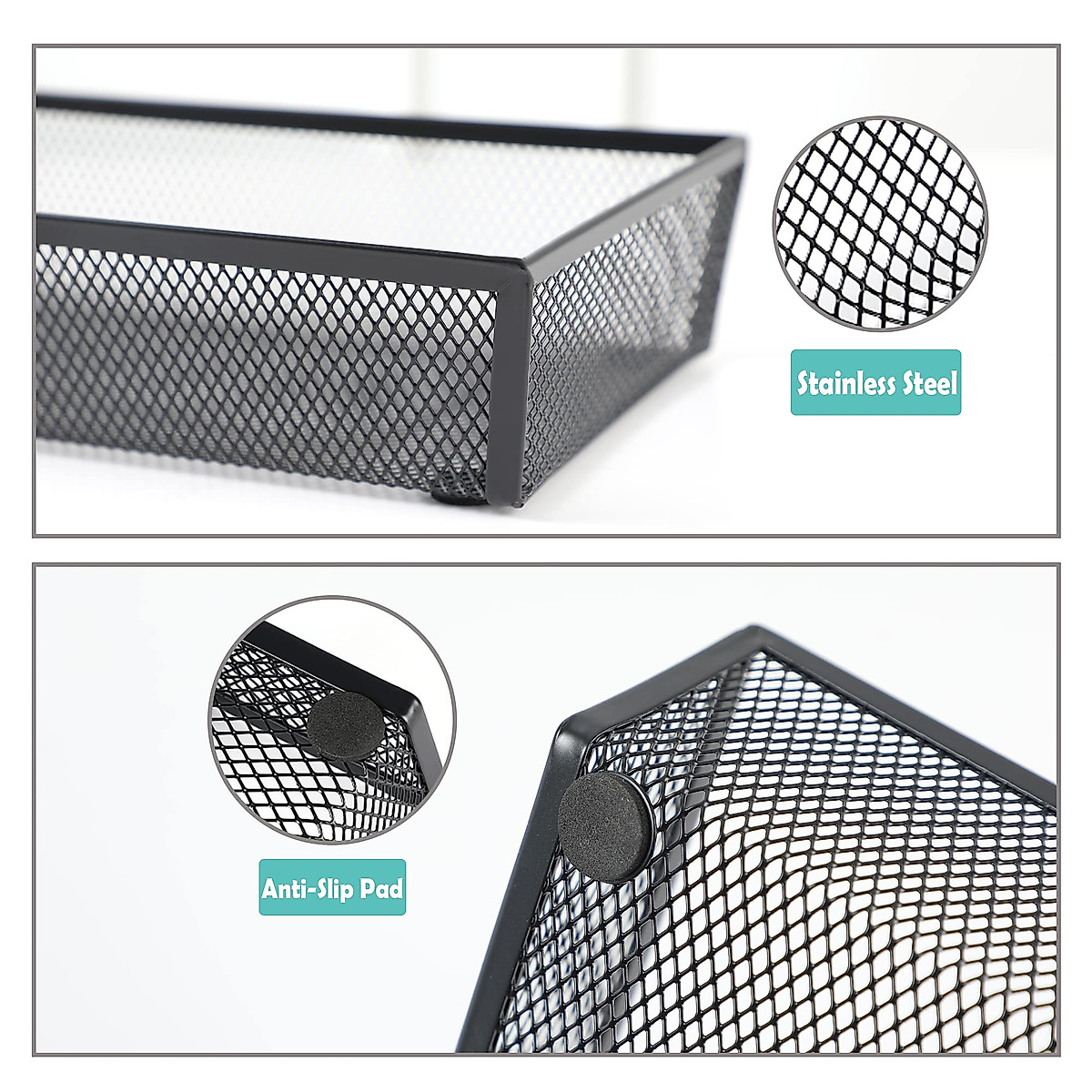 BYCY 4 Pack Silverware Drawer Organizer, Mesh Utensil Organizer for Kitchen Storage, Black Steel Metal Mesh Tray for Flatware Fork Spoon Knife (9 x 6 x 2 Inch)