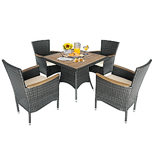 RoyalCraft 5 Piece Patio Wicker Dining Sets for 4, Water-Resistant Rattan Outdoor Dining Table and 4 Chairs with Wood Table Top, Conversation Set for Deck, Garden, Backyard, Removable Cushions, Gray