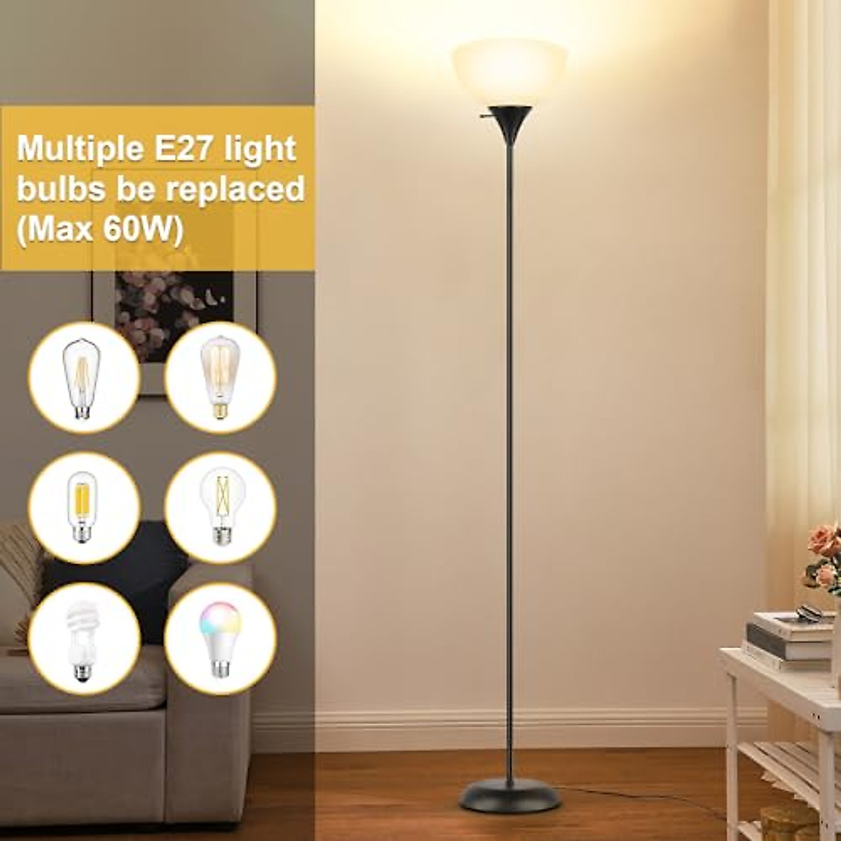 OUTON Standing Lamp, Modern Floor Lamp with Remote,4 Color Temperatures, Stepless Dimmable Brightness, Timmer, Torchiere Lamps for Living Room, Bedroom, Office, Reading(9W LED Bulbs Included)