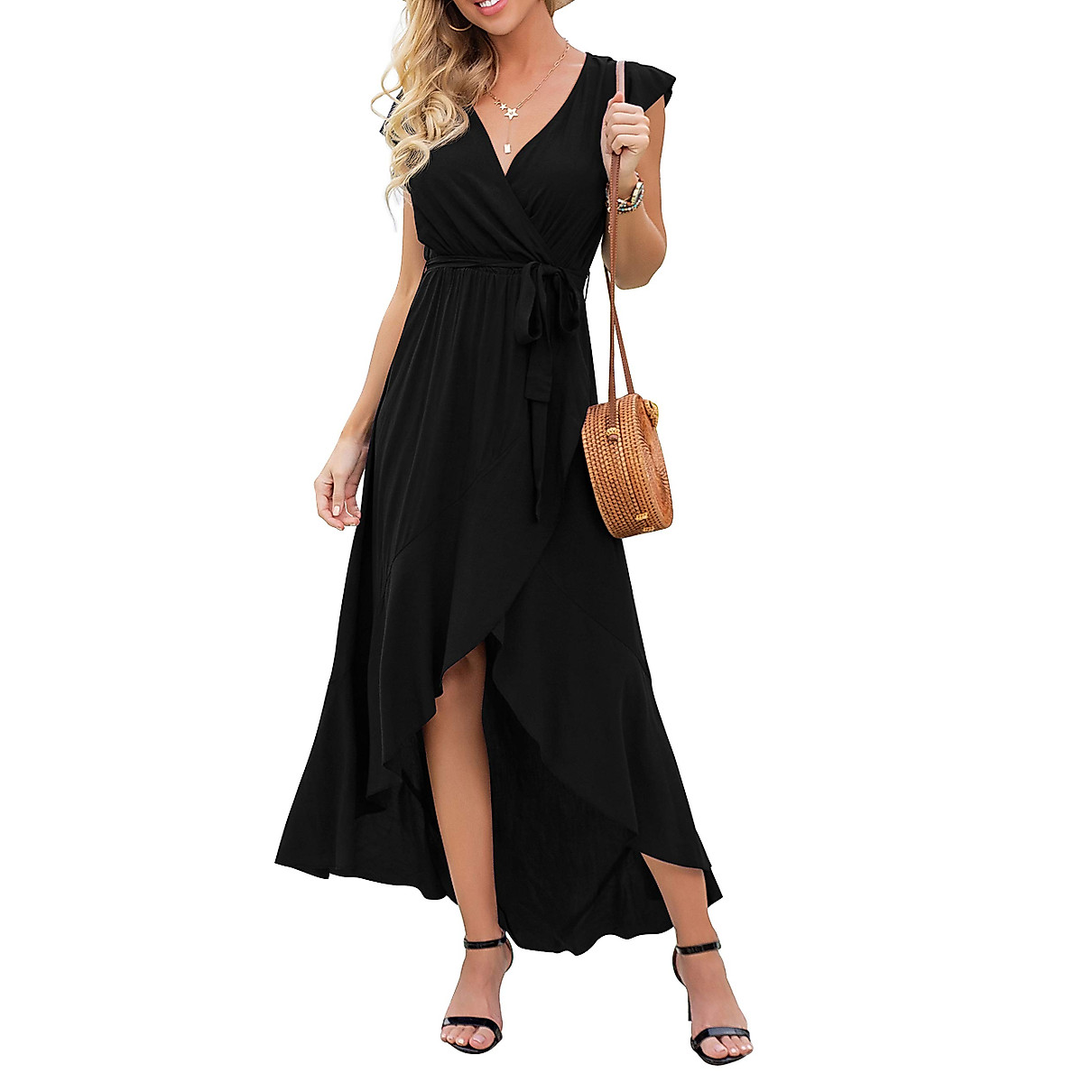 GRECERELLE Women's Summer Casual Cross V Neck Dress Bohemian Flowy Long Maxi Dress Black-Medium