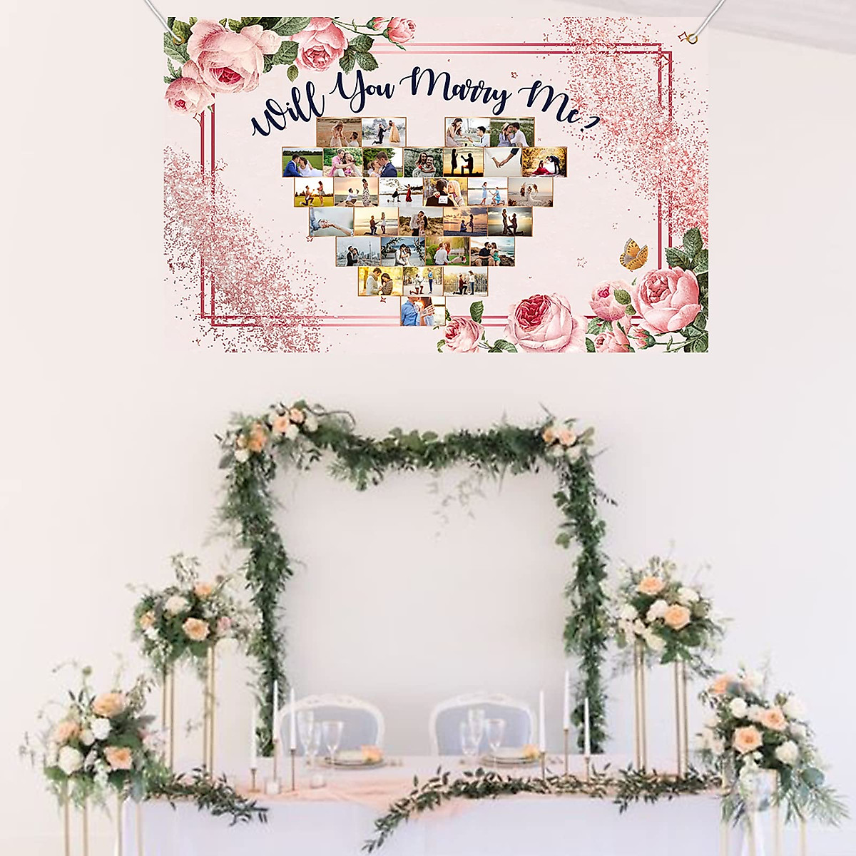 MEFENG Will you marry me Photo Backdrop Banner-Rose and Love shape Sign Photo Banner-Proposal Announcement Engagement Wedding Bridal Shower Party Decor-Indoor Outdoor Photo Backdrop Banner.6*3.6feet