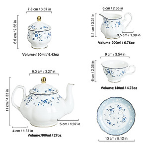 fanquare 15 Piece Blue Rose Porcelain Tea Set, British Floral Teapot with Tea Cups, Women Tea Party Set for 6