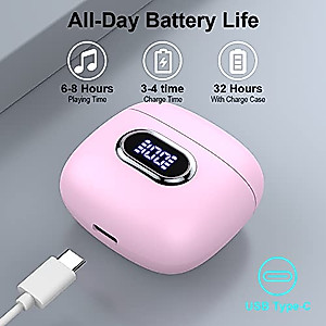 Wireless Earbud, Lrecat Bluetooth 5.3 Headphones with CVC8.0 HD Mics, 32H Playtime Bluetooth Earphones with Hi-Fi Stereo Sound, Wireless Headphones in Ear IP7 Waterproof, Ear Bud for Android iOS, Pink