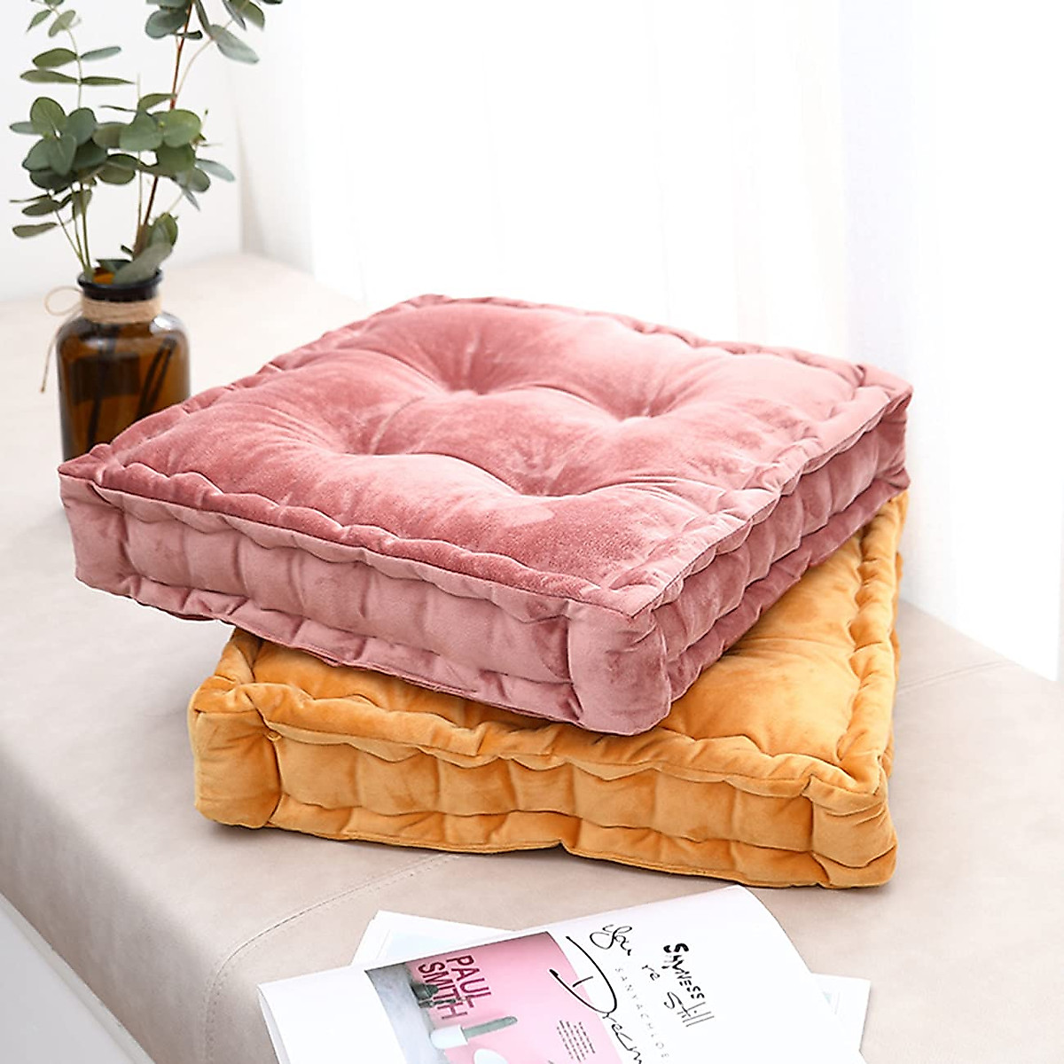 Wadser Tufted Velvet Floor Cushion, Round Thick Seating Cushion with Carrying Handle, Patio Meditation Pillow Tatami Chair Pads, 20"x20"x3.9", Emerald Green