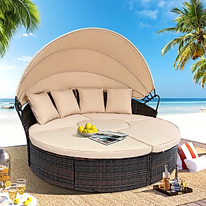 SOLAURA Outdoor Round Daybed, Patio Daybed with Retractable Canopy and Brown Wicker Patio Sectional Sofa, Seating Separates Cushioned Seats (4 Light Brown Pillow)