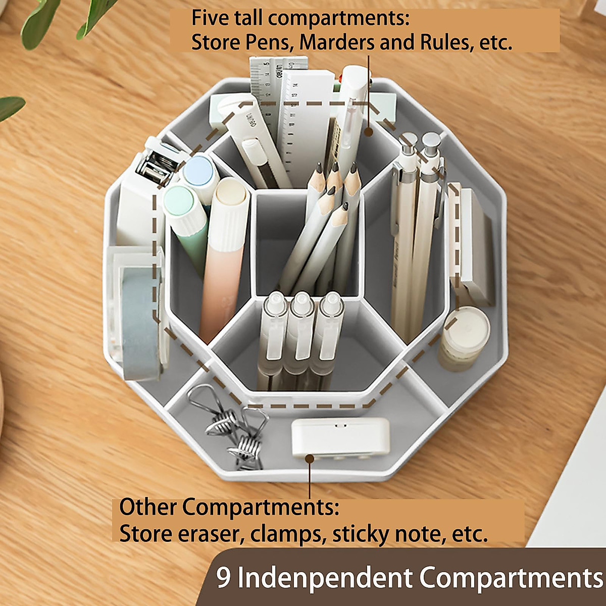 GGIANTGO Pencil Pen Holder for Desk, 9 Slots 360 Degree Rotating Desk Organizer, Desktop Storage Pen Organizers Stationery Supplies, Cute Pencil Cup Pot for Office School Home & Art Supplies (Grey)