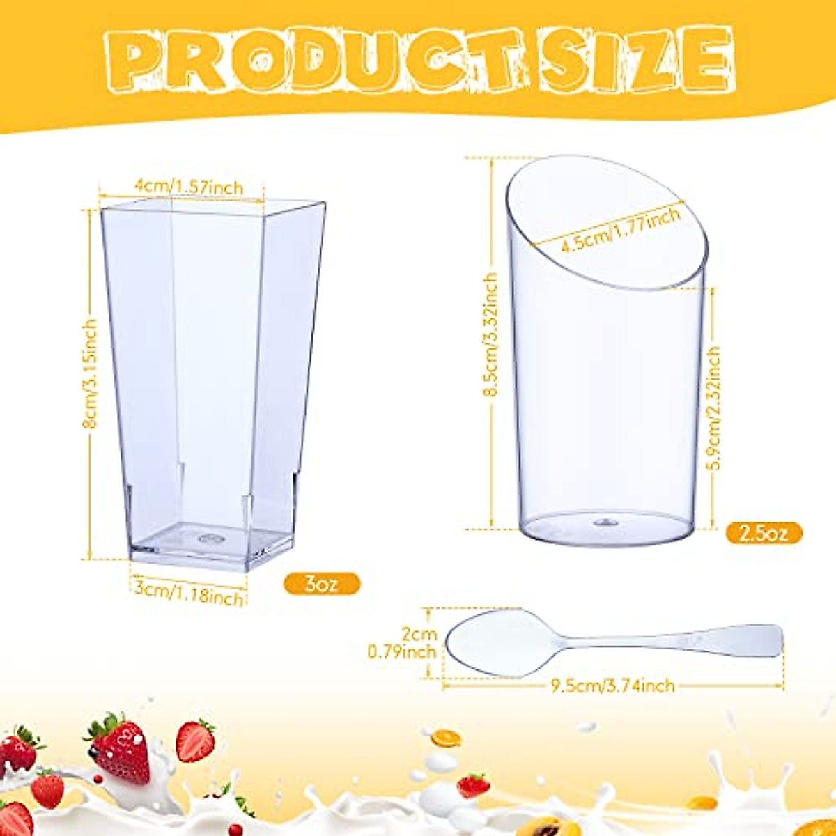 Nuogo Mini Plastic Dessert Cups with Spoons Include 3 Oz Square Appetizer 2.5 Slanted Round Parfait Mousse Ice Cream Bar Supplies Small Clear Bowls for Party Wedding (100 Pcs)