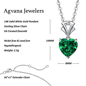 14K Solid White Gold Emerald Pendant with 925 Sterling Silver Chain Mothers Day Gifts for Mom 8x8mm Heart Shape Solitaire May Birthstone Necklaces Fine Jewellery Anniversary Birthday Gifts for Women